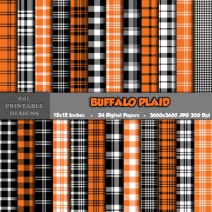 Orange, Black White Buffalo Plaid Digital Paper, Printable Tartan ...