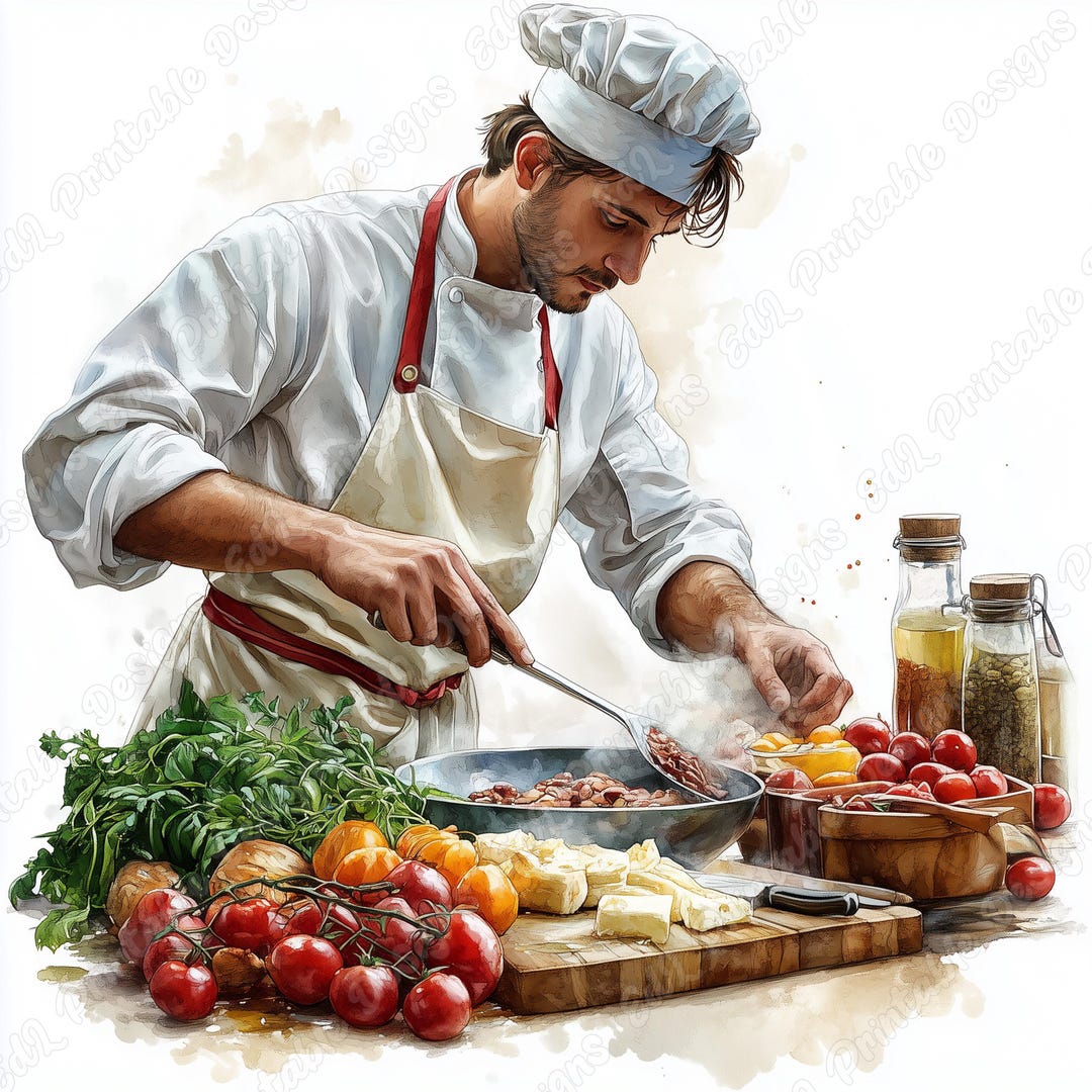 Watercolor Chef Clipart, Kitchen Cooking, Food Scrapbook Paper (JPG ...