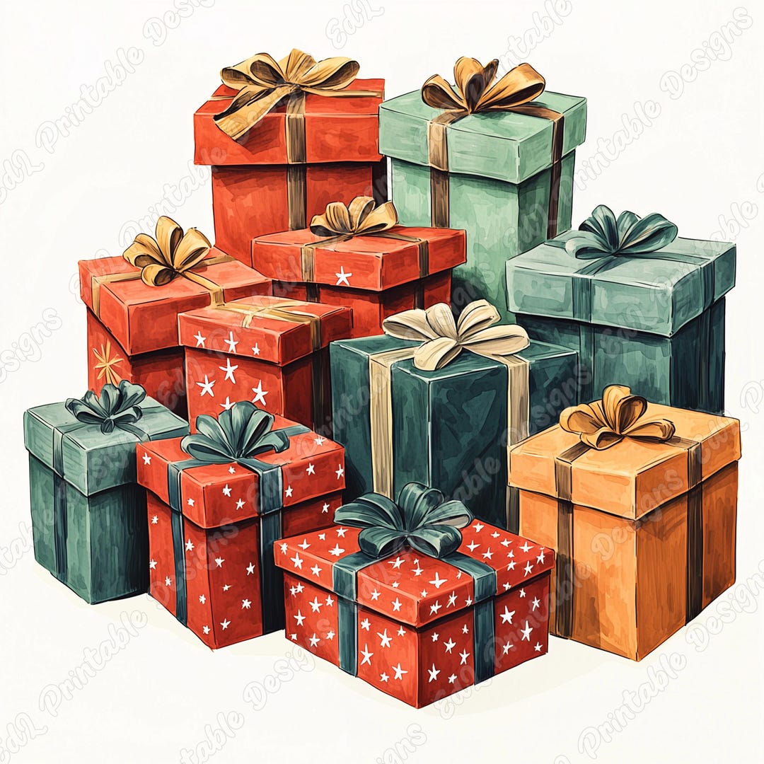 Vintage Christmas Gift Boxes Clip Art, Printable Presents (JPG Bundle ...