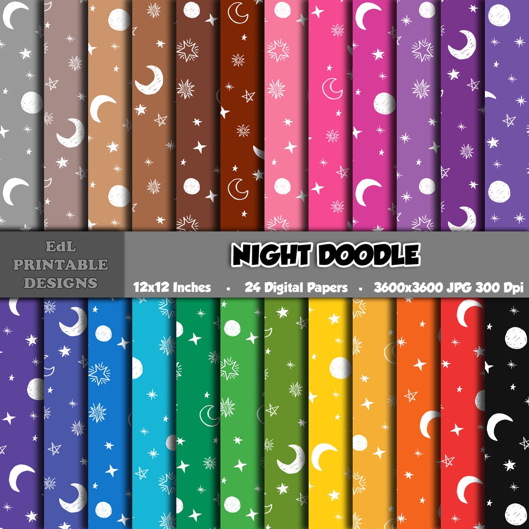 Night Doodle Digital Paper Pack, Sketch Printable Background, Cute Moon ...