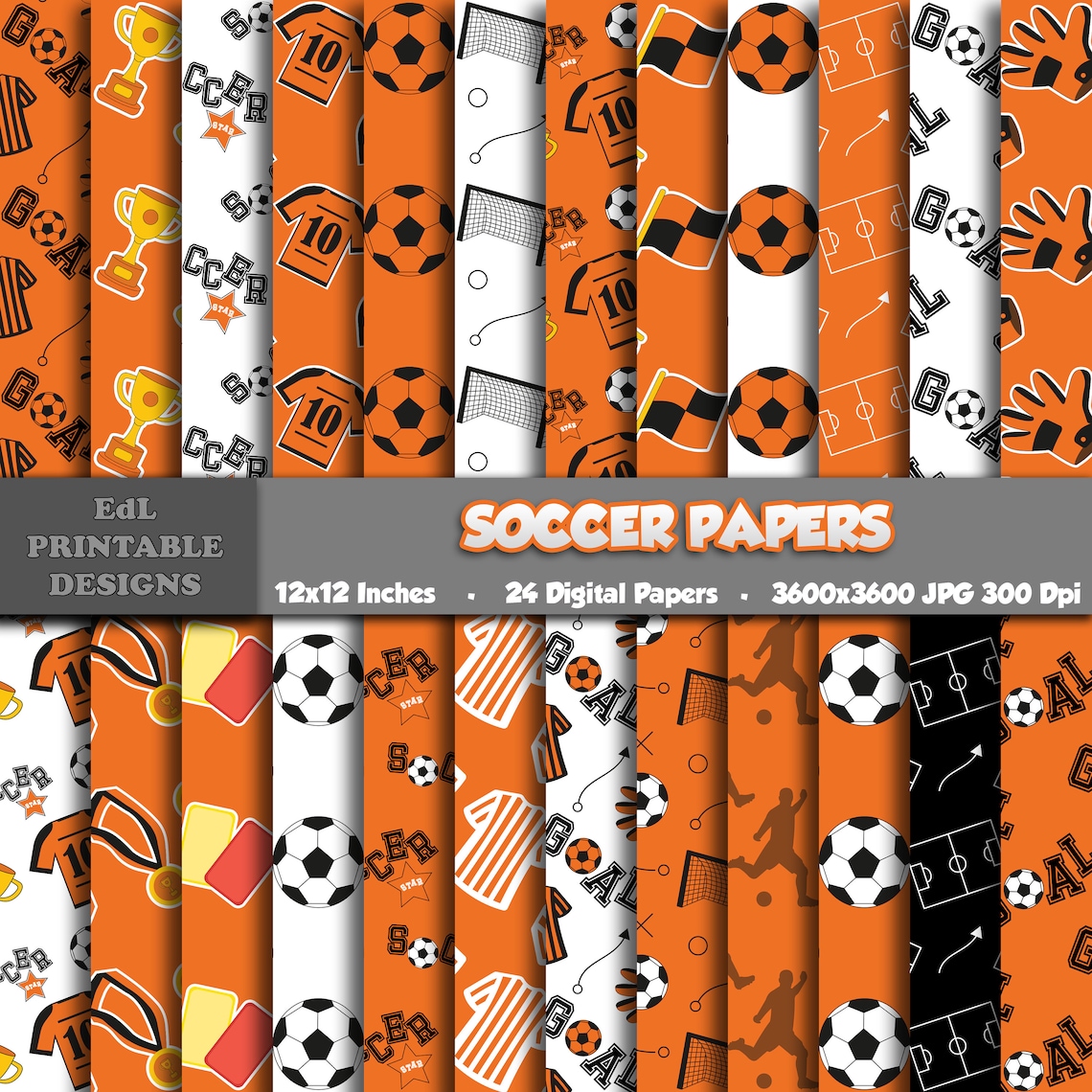 Soccer Digital Paper, Football Printable Background, Orange Soccer Ball ...