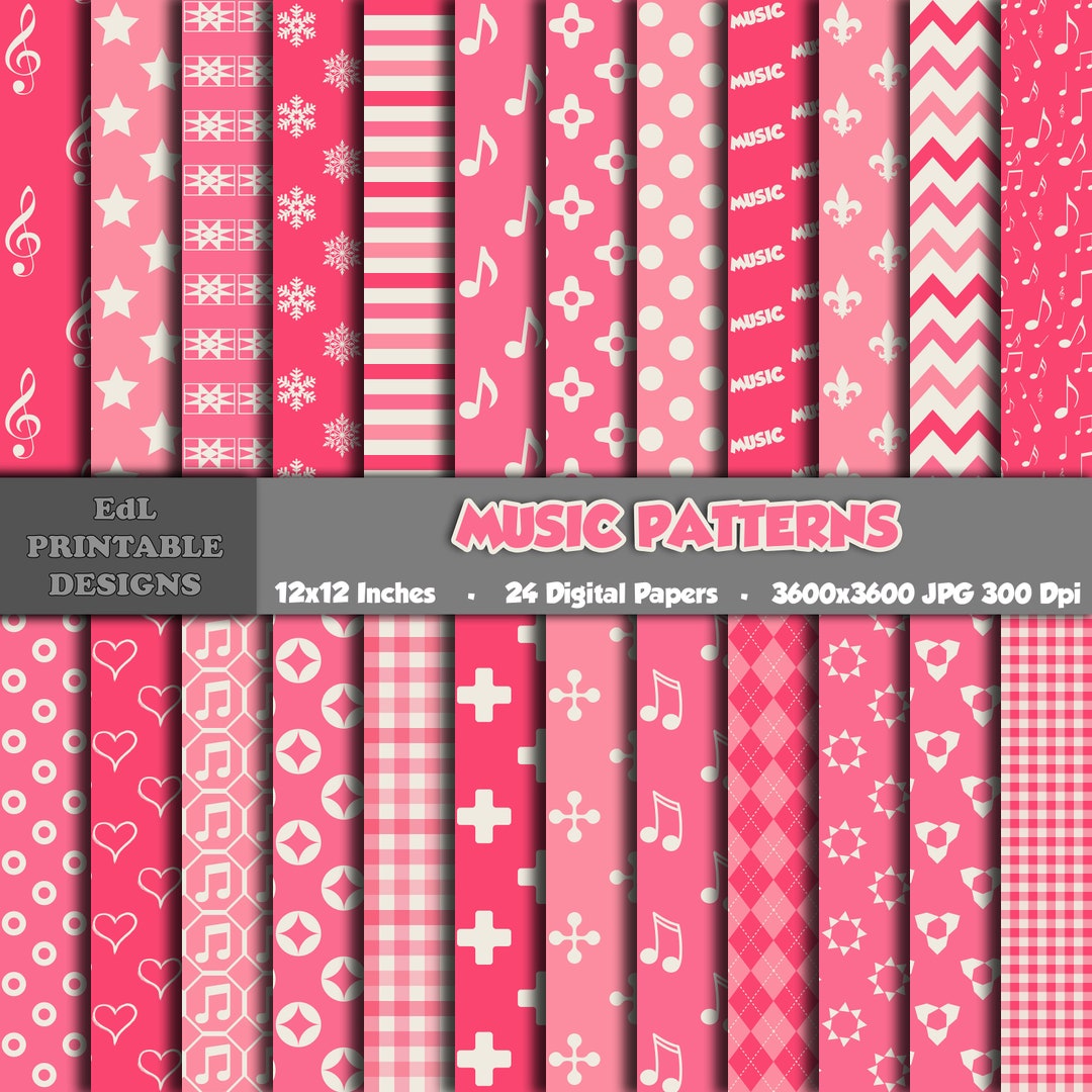 Music Patterns Digital Paper, Shades of Pink Printable Background ...