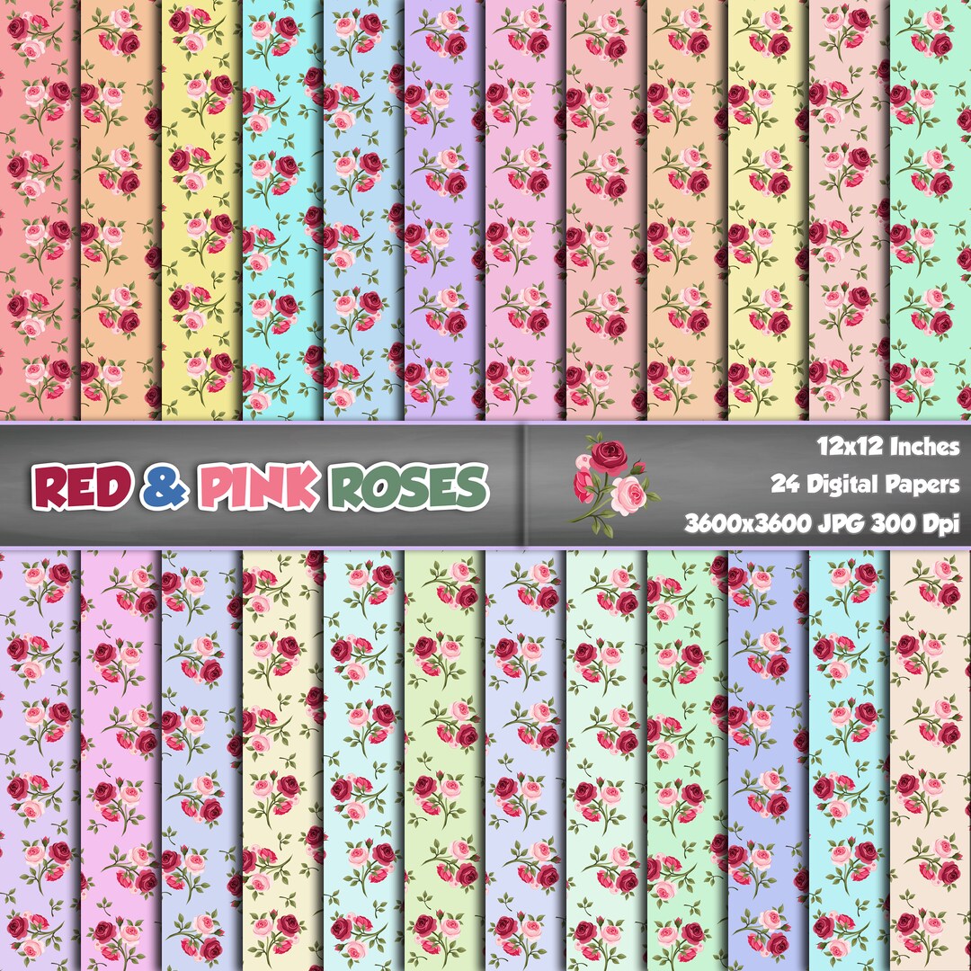 Red and Pink Roses Digital Paper Pack Printable Background - Etsy