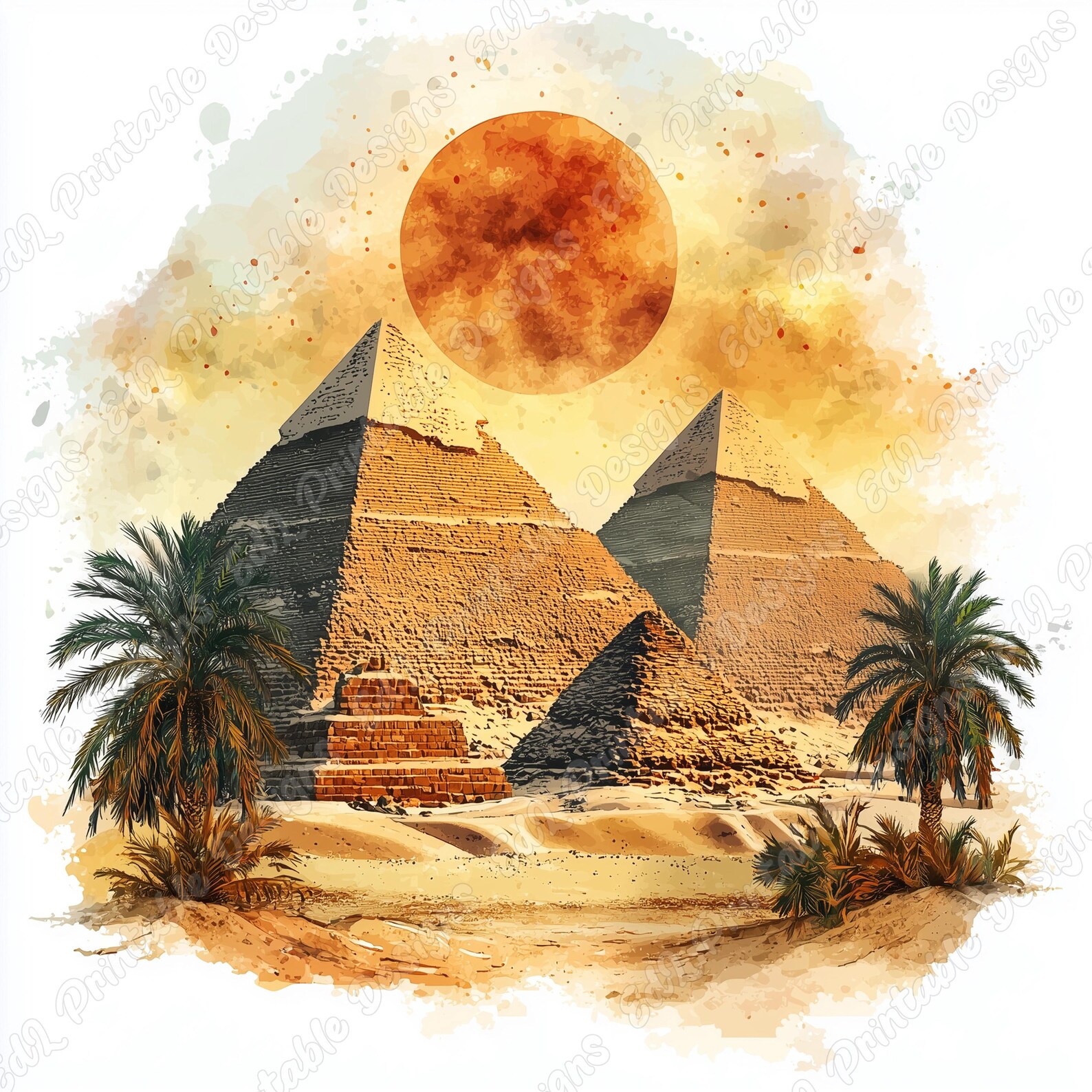 Watercolor Pyramid Clip Art, Giza Landscape, Egyptian Desert (JPG ...