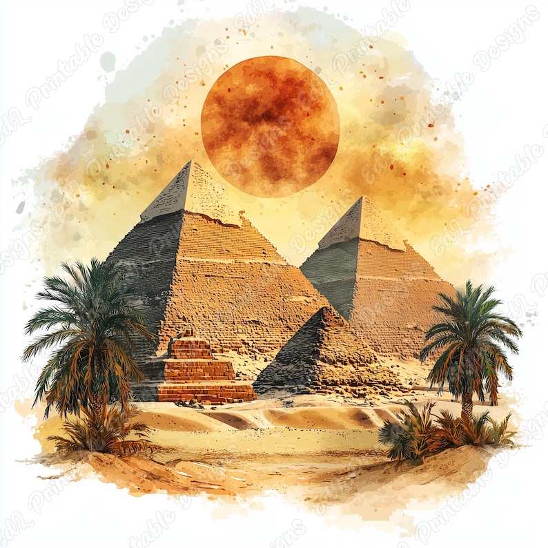 Watercolor Pyramid Clip Art, Giza Landscape, Egyptian Desert (JPG ...