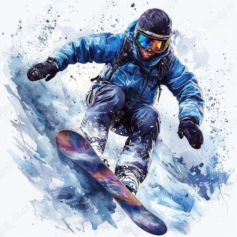 Watercolor Snowboarder Clipart, Printable Winter Sports Graphics ...