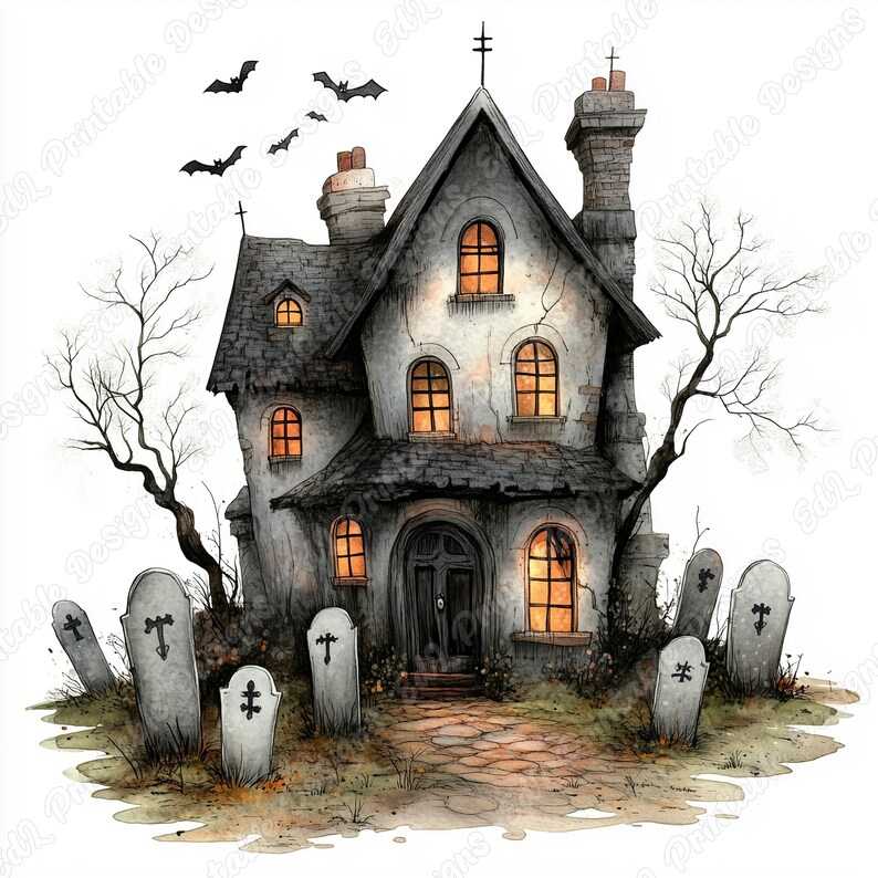 Watercolor Haunted House Clip Art, Spooky Halloween Mansion (JPG ...