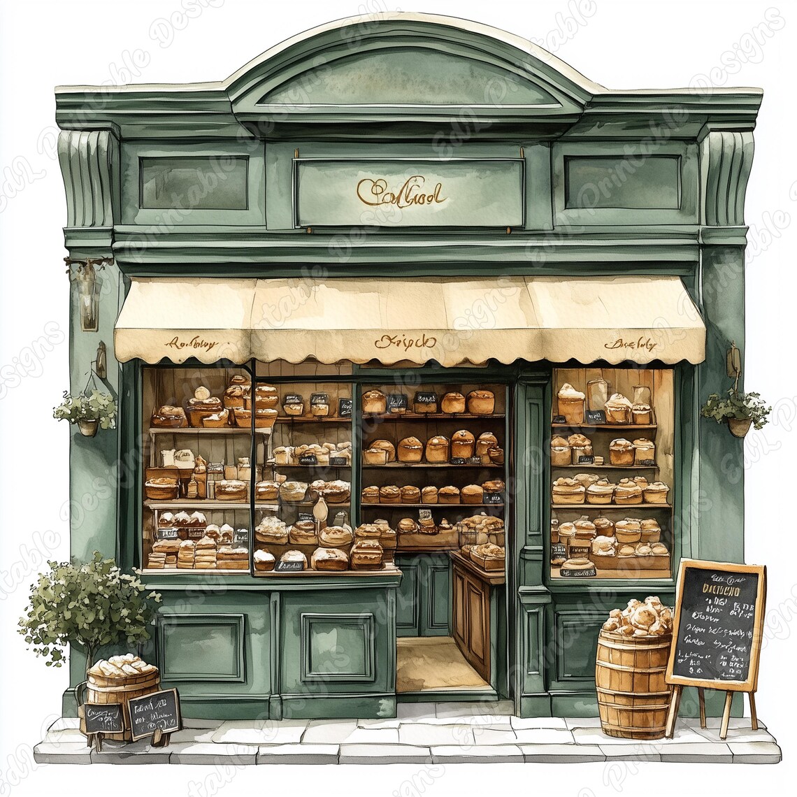 Vintage Bakery Shop Watercolor Clipart, Scrapbook Paper (JPG Digital ...