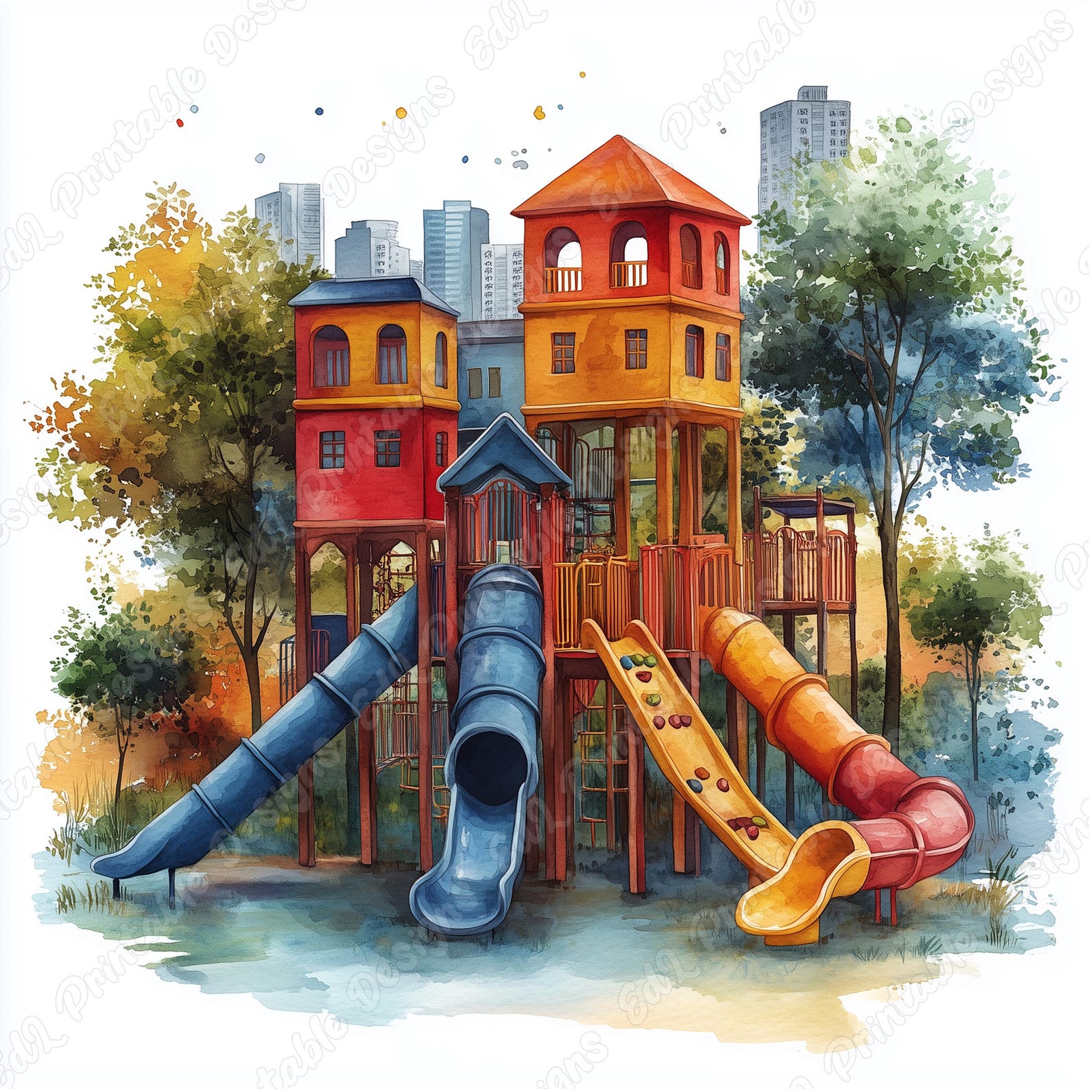 Watercolor Playground Clip Art, School Park Graphics (JPG Set, Digital ...