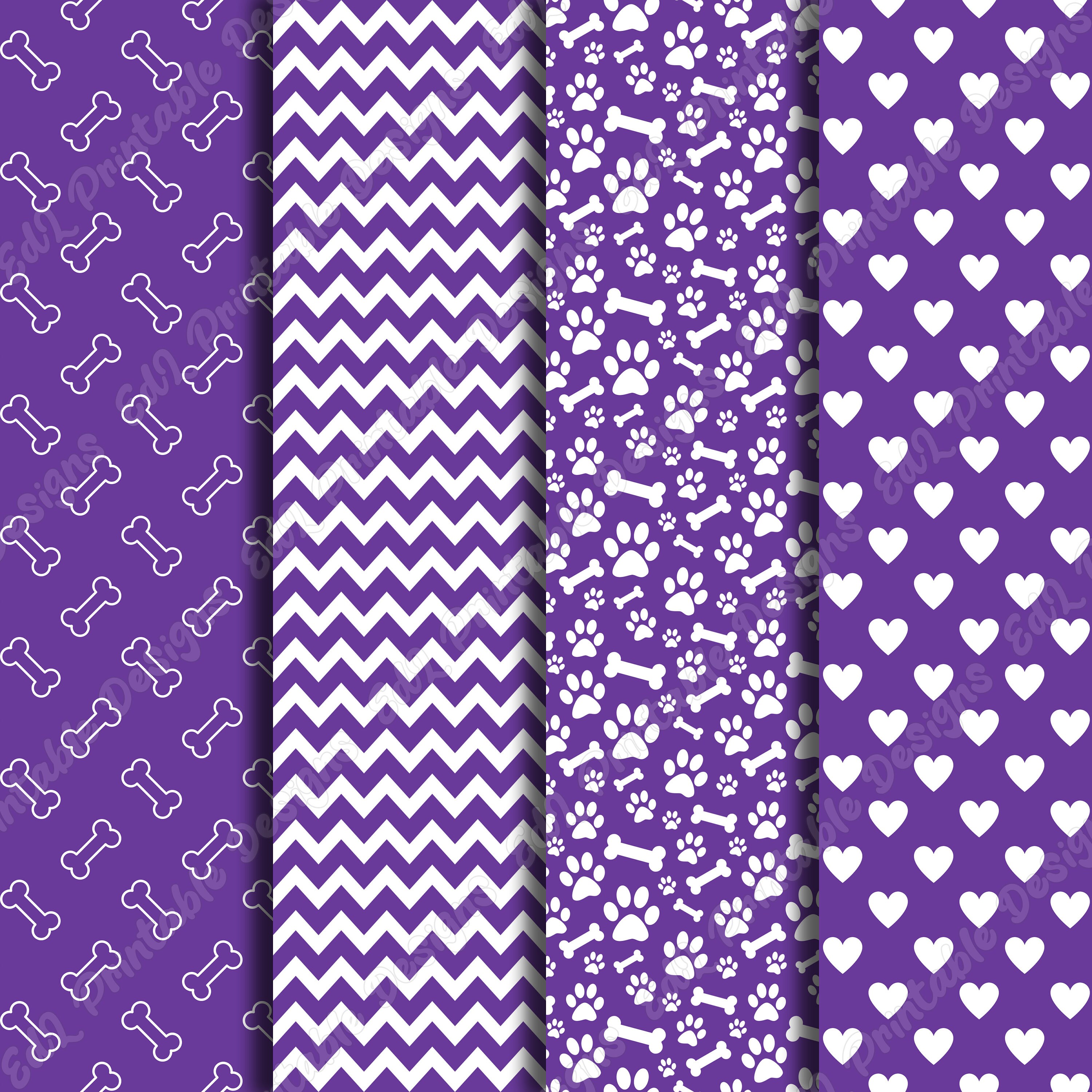 Purple and White Dog Patterns Digital Paper, Animal Prints Background ...