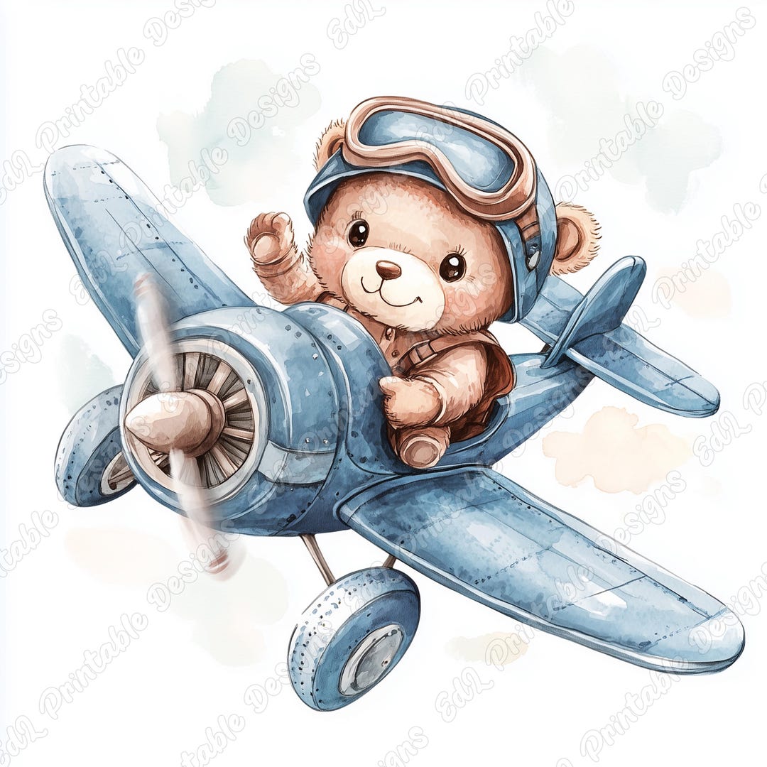 Watercolor Aviator Teddy Bear Clip Art, Baby Scrapbook Paper (digital ...