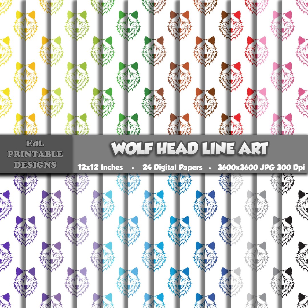 Colorful Wolf Head Drawing Digital Papers, Animal Sketch Printable ...