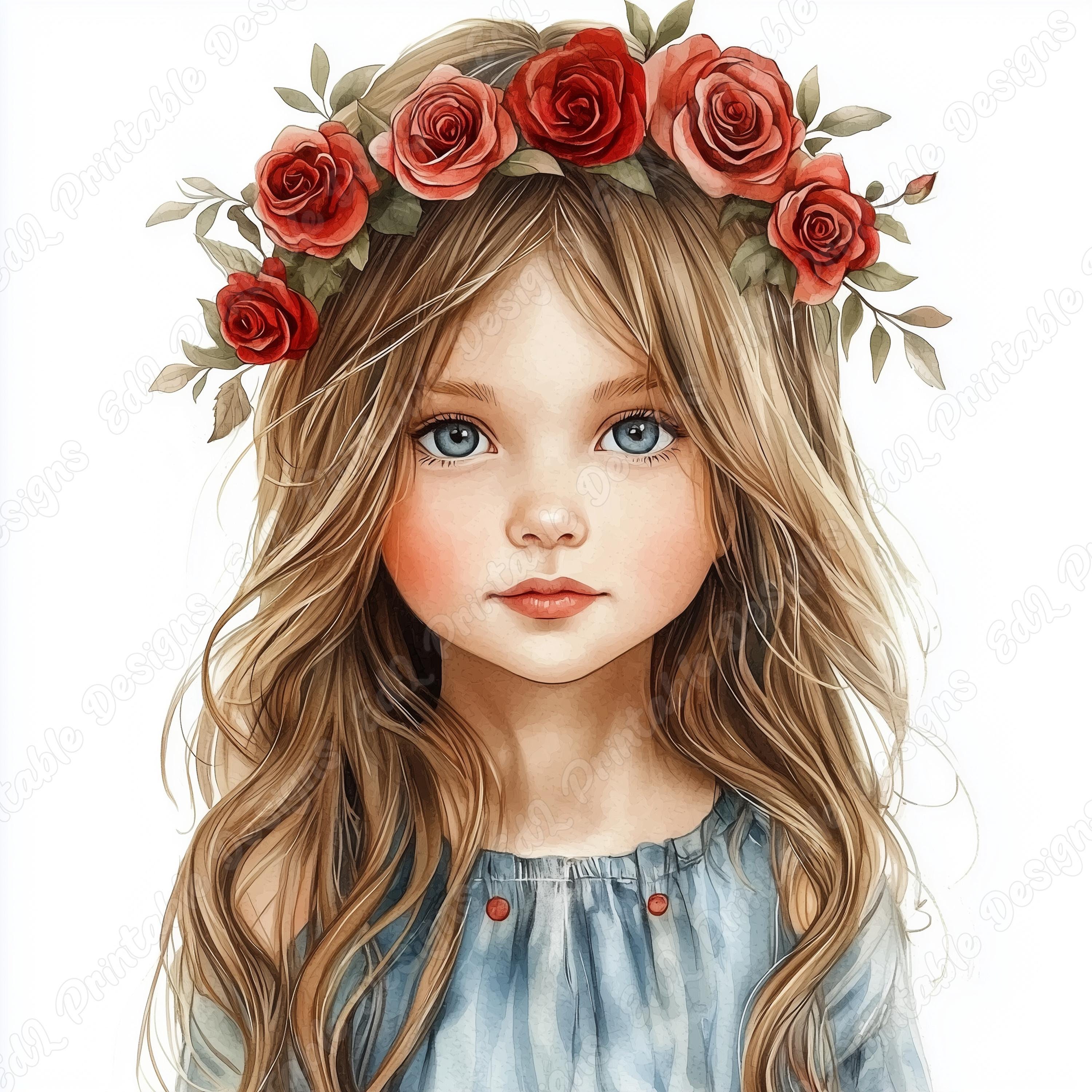Flower Crown Girl Clipart, Watercolor Floral Wreath Image (digital ...