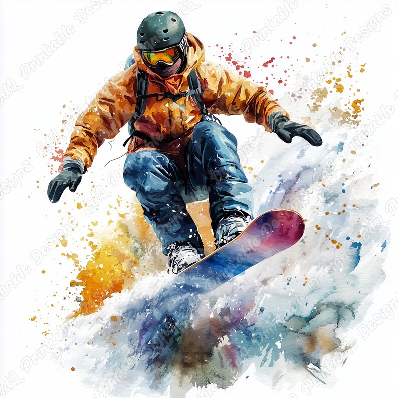Watercolor Snowboarder Clip Art, Winter Sports JPG Bundle (digital ...