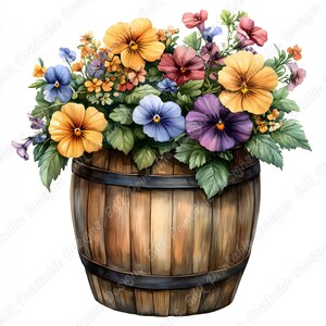 20 Barrel Flowers Clip Art, Watercolor Wooden Rustic Barrel Printable ...