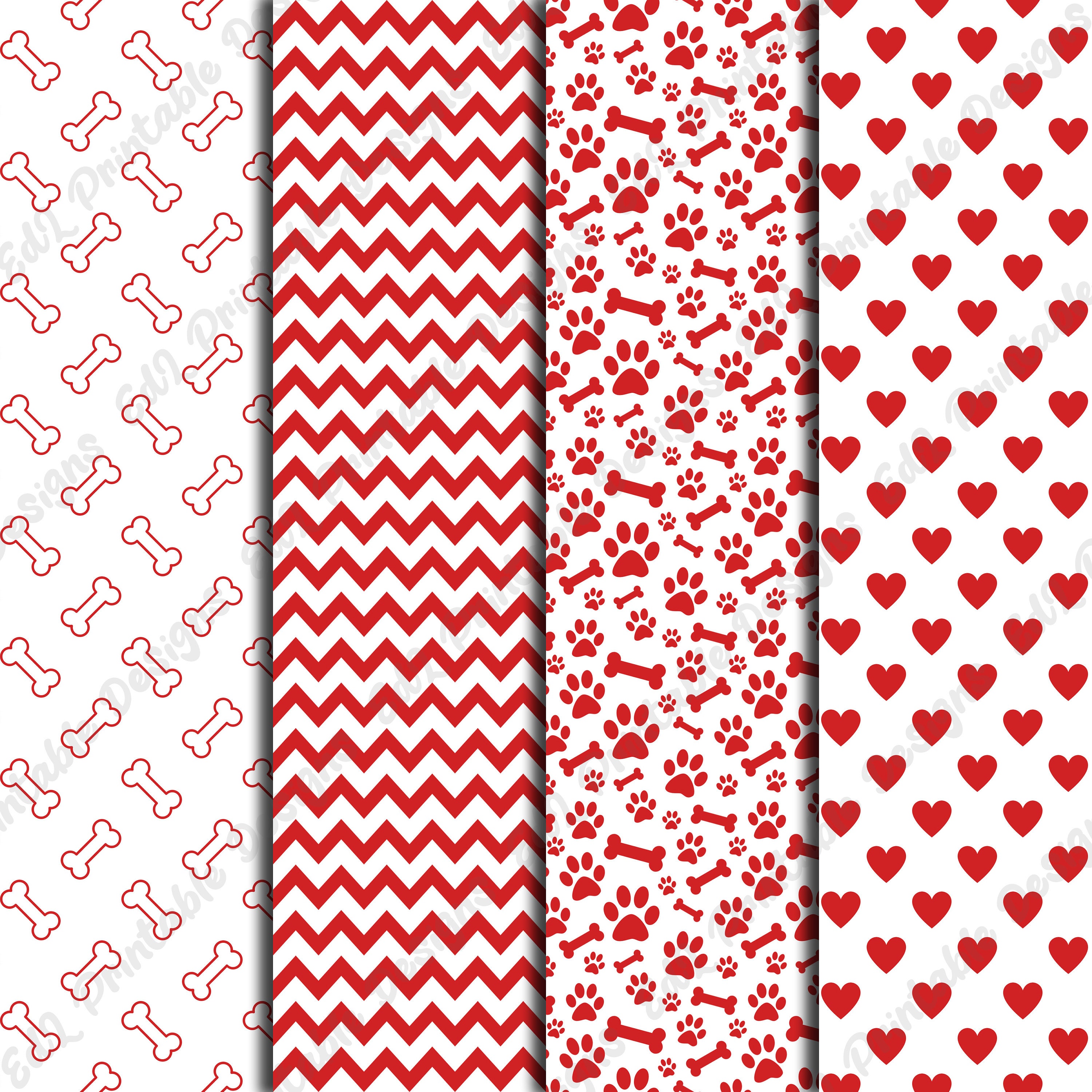 White and Red Dog Patterns Digital Paper, Animal Prints Background ...