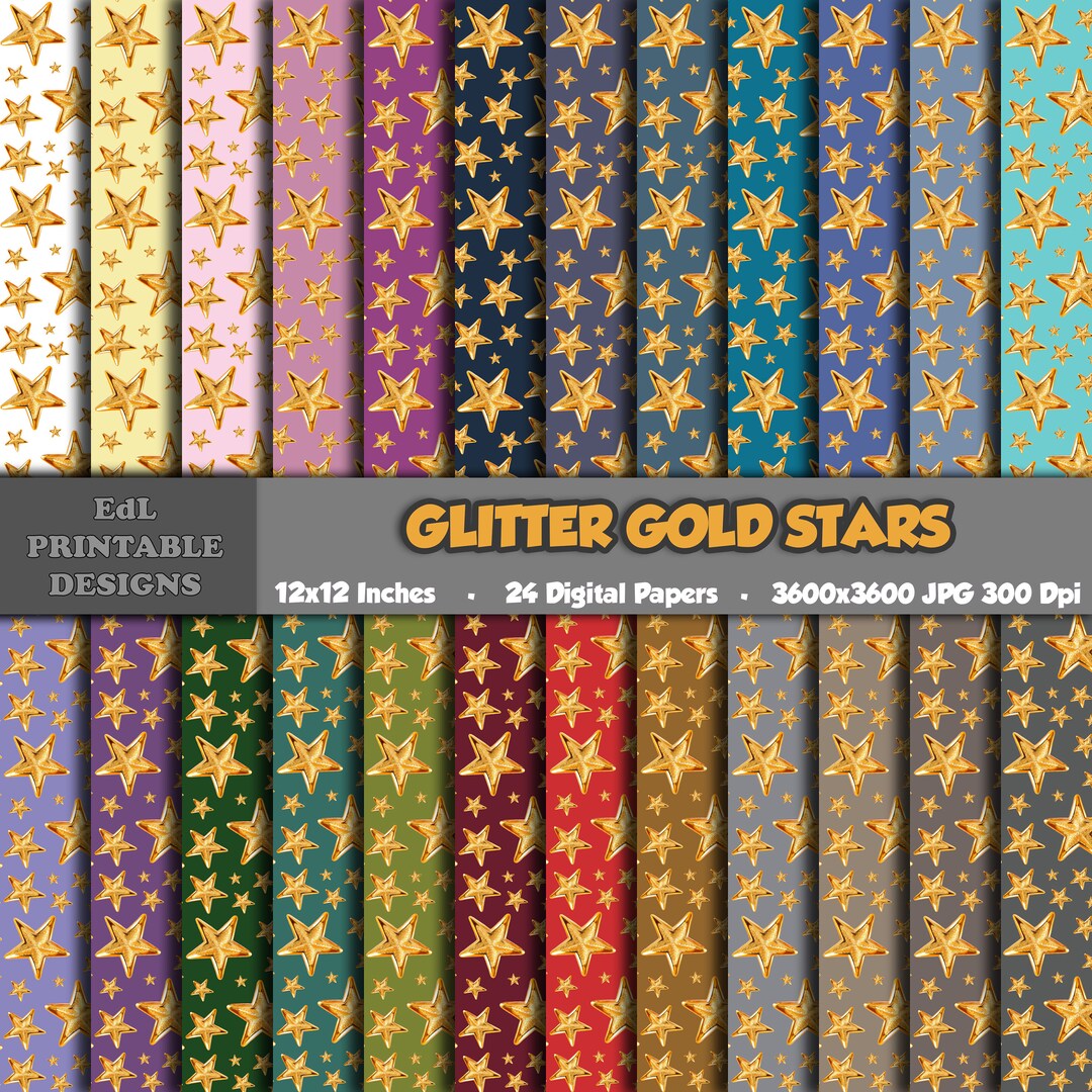 Glitter Confetti Gold Star Digital Paper, Golden Printable Background ...