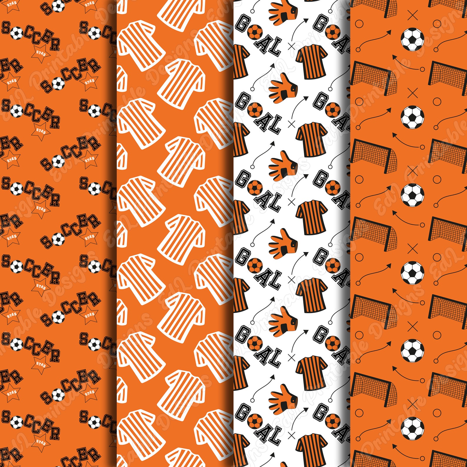Soccer Digital Paper, Football Printable Background, Orange Soccer Ball ...