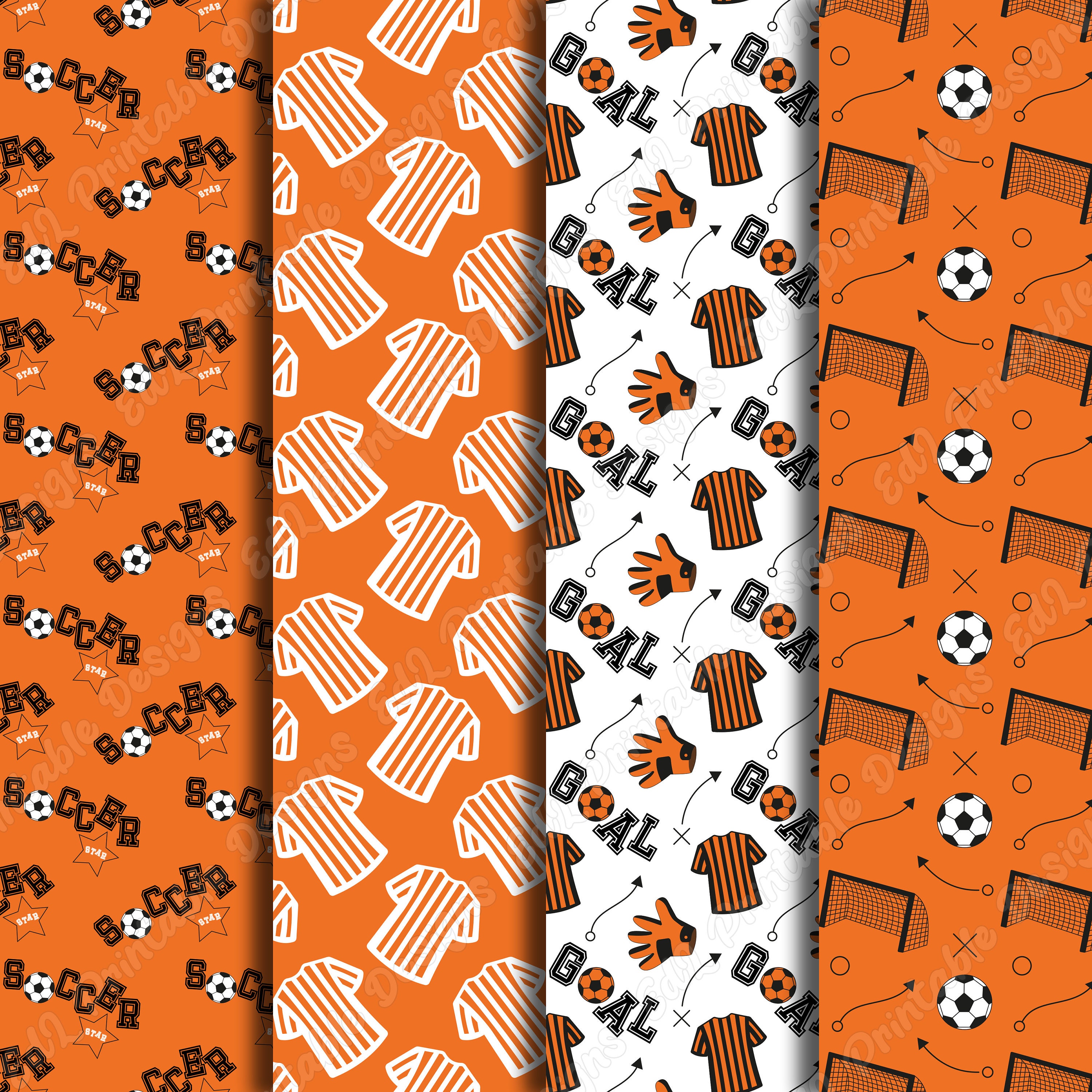 Soccer Digital Paper, Football Printable Background, Orange Soccer Ball ...