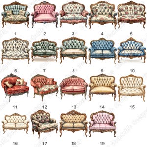 Vintage Velvet Settee Clip Art, Victorian Couch Graphics (JPG Set) - Etsy