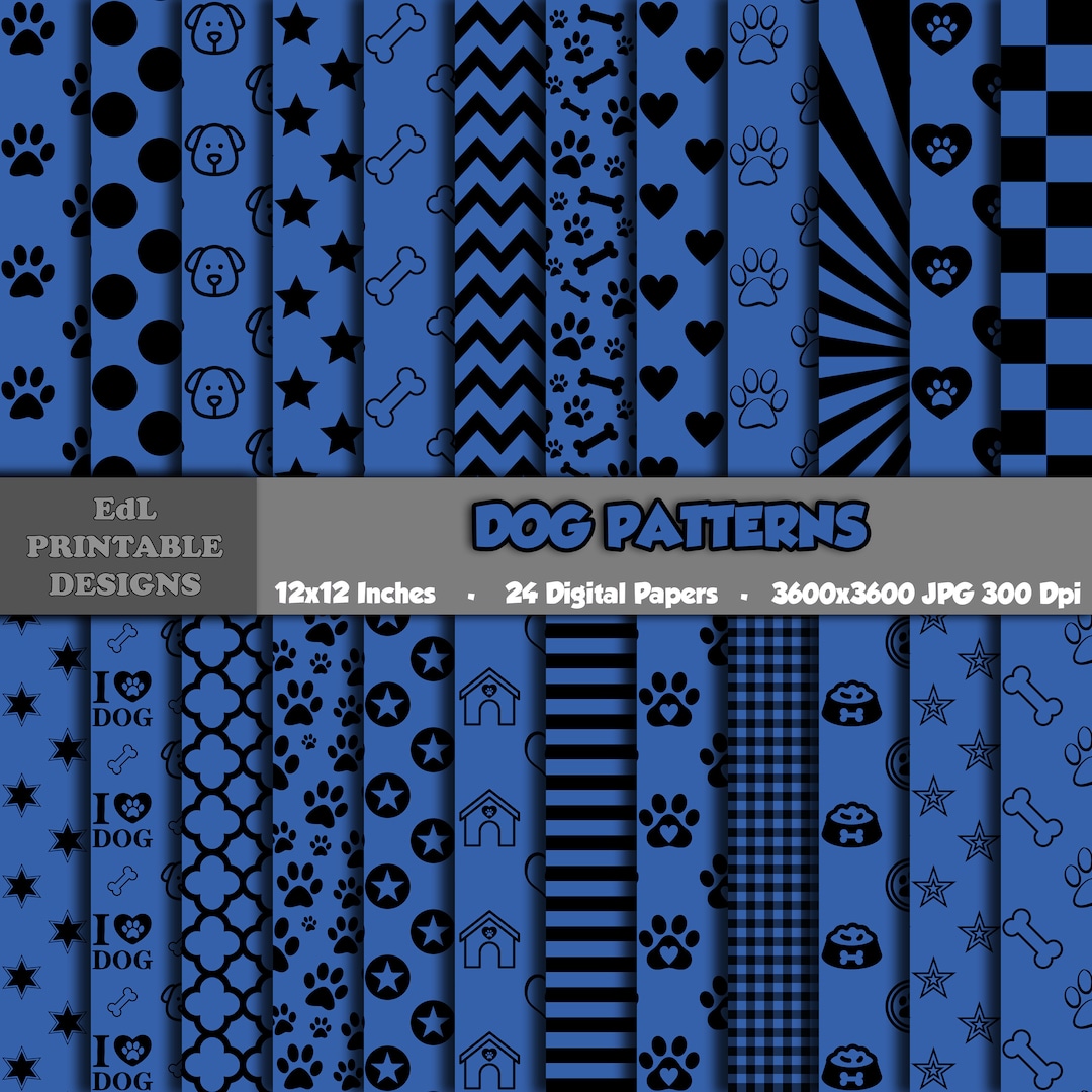 Blue and Black Dog Patterns Digital Paper, Animal Prints Background ...