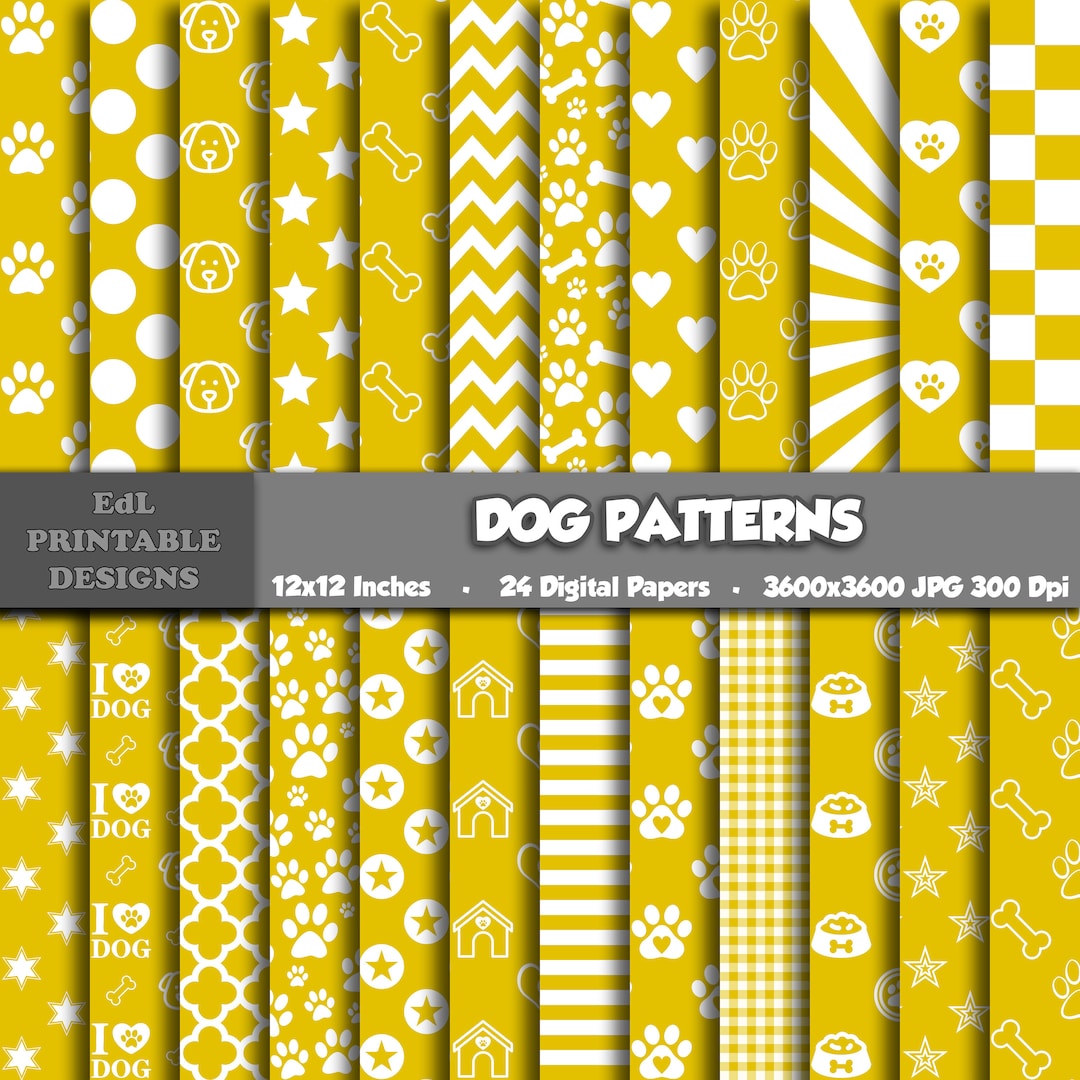 Yellow and White Dog Patterns Digital Paper, Animal Prints Background ...