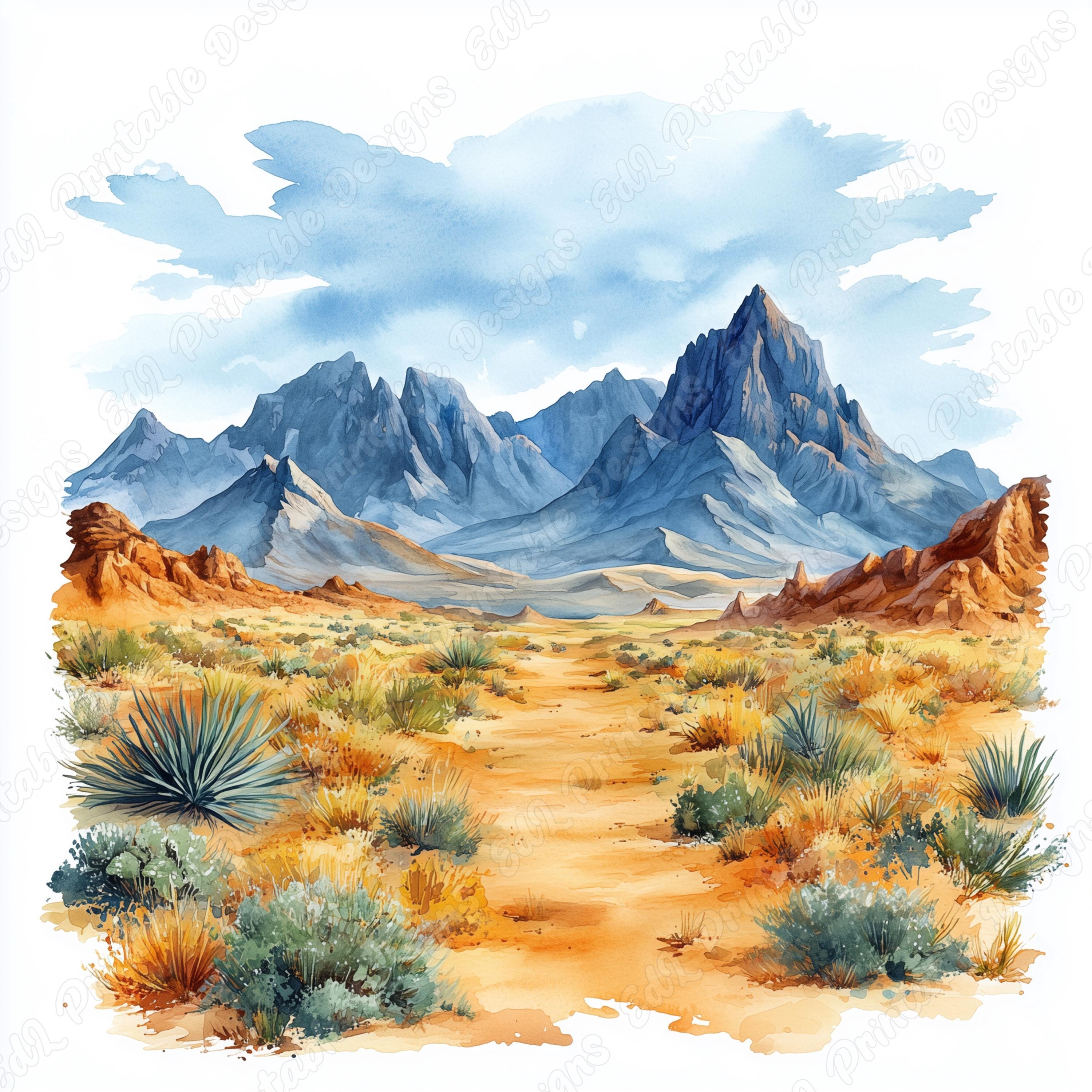 Watercolor Desert Landscape Clip Art, Cactus Mountain Printable ...