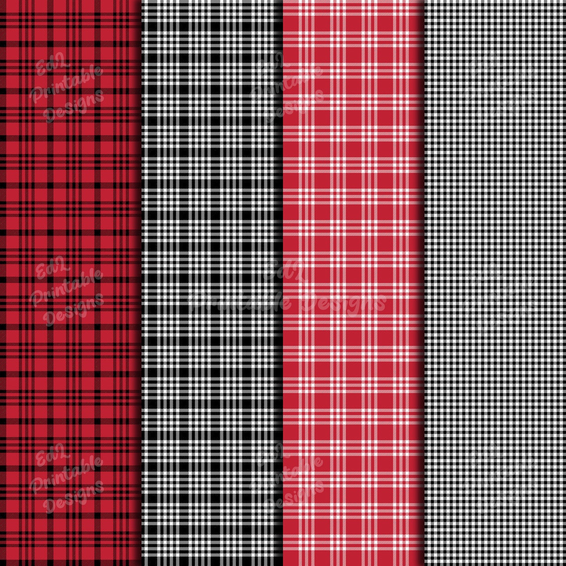 Red Black White Buffalo Plaid Digital Paper, Tartan Scrapbook Paper ...