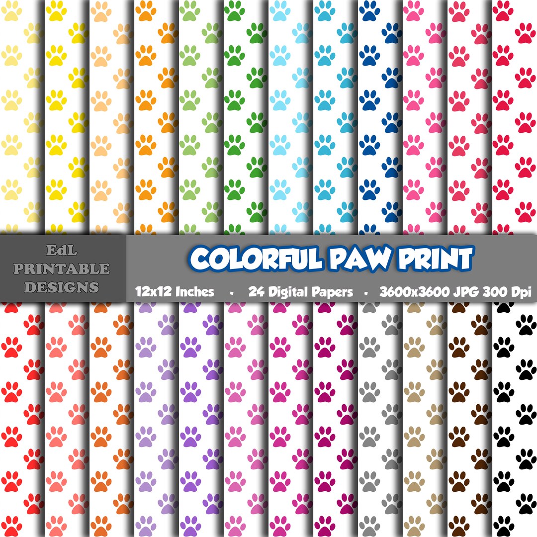 Colorful Paw Print Digital Paper, Animal Paw Printable Background ...