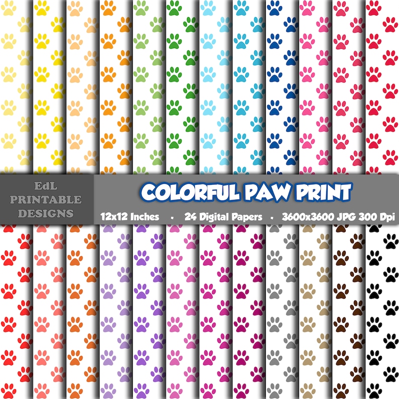 Colorful Paw Print Digital Paper, Animal Paw Printable Background ...