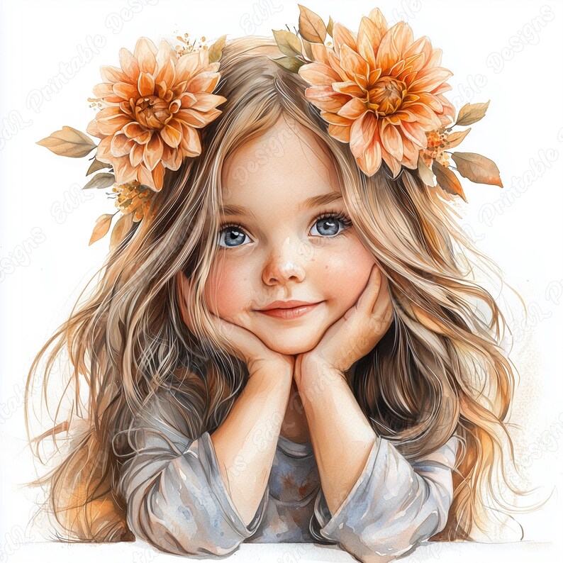 Flower Crown Girl Clipart, Watercolor Floral Wreath Image (digital ...