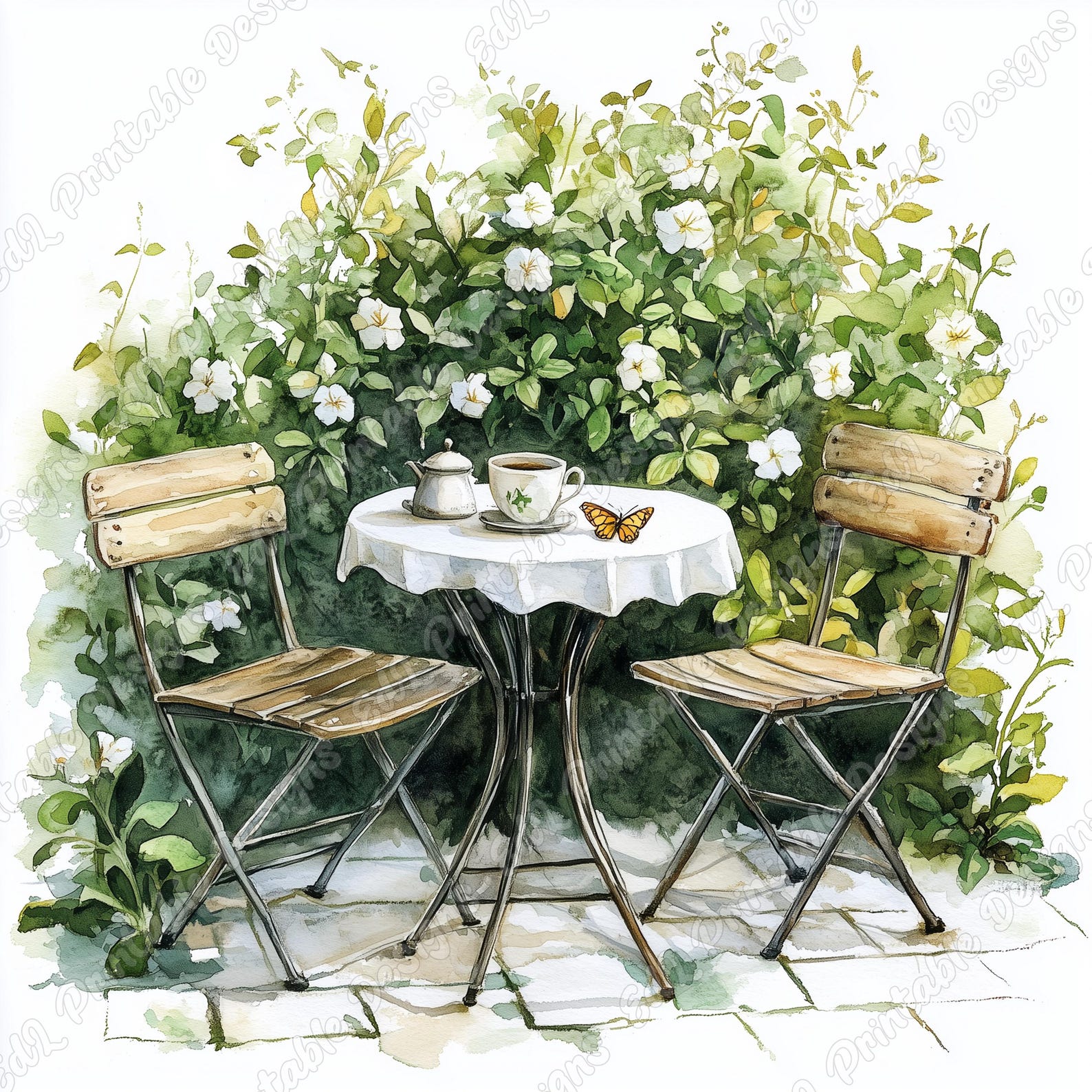 Watercolor Bistro Table and Chairs Clipart, Romantic Cafe Graphics (JPG ...