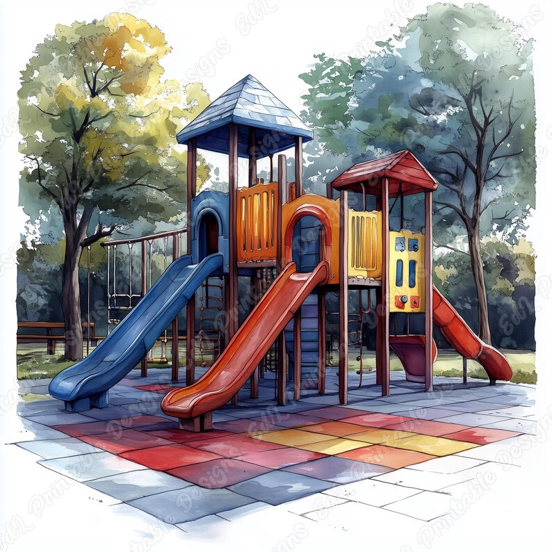 Watercolor Playground Clip Art, School Park Graphics (JPG Set, Digital ...