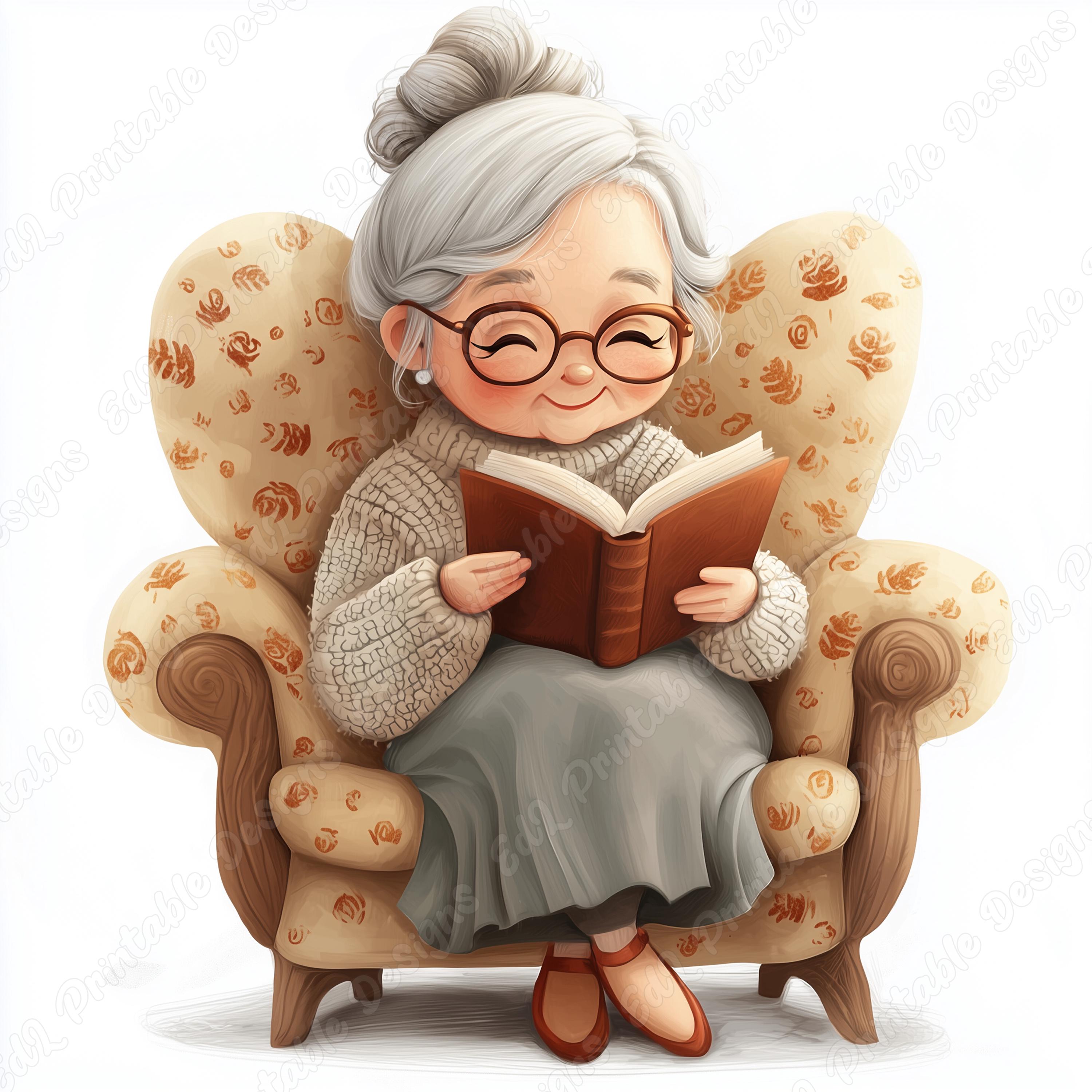 Grandmother Reading Clipart, Grandma Armchair Scene, Printable ...
