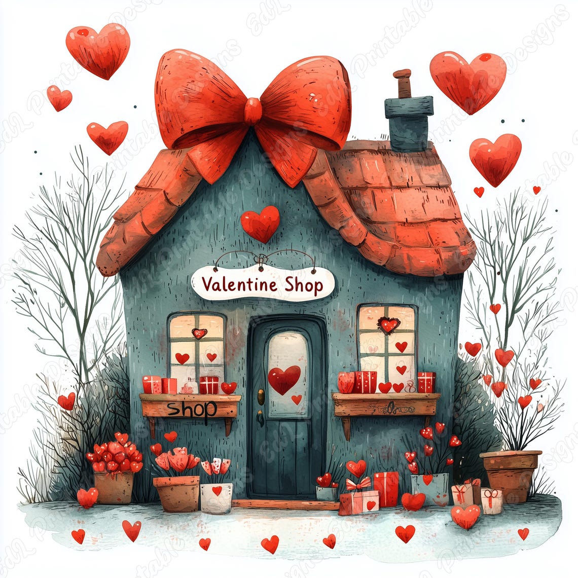 Valentine's Day Shop Clipart, Watercolor Storefront Images (JPG Digital ...