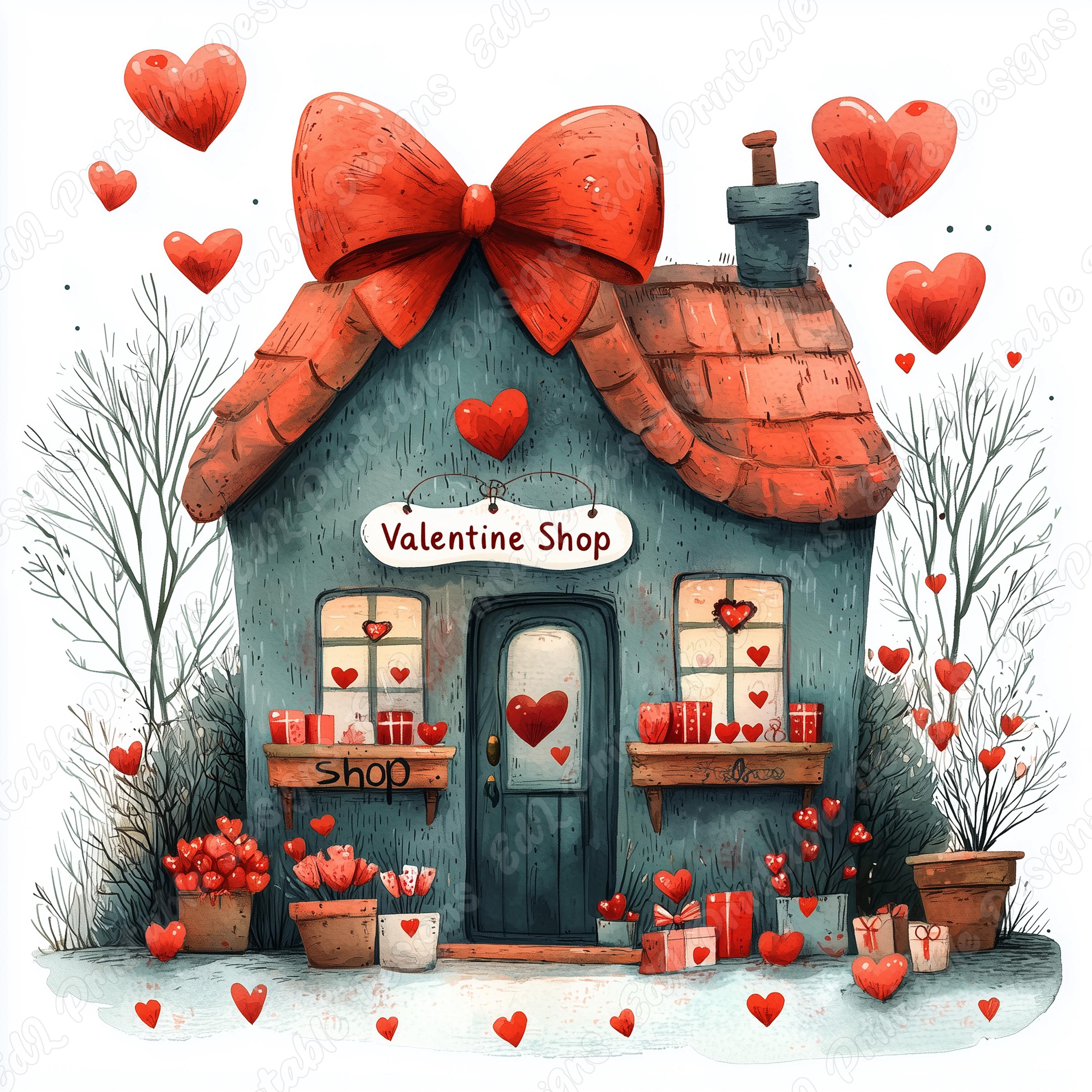 Valentine's Day Shop Clipart, Watercolor Storefront Images (JPG Digital ...