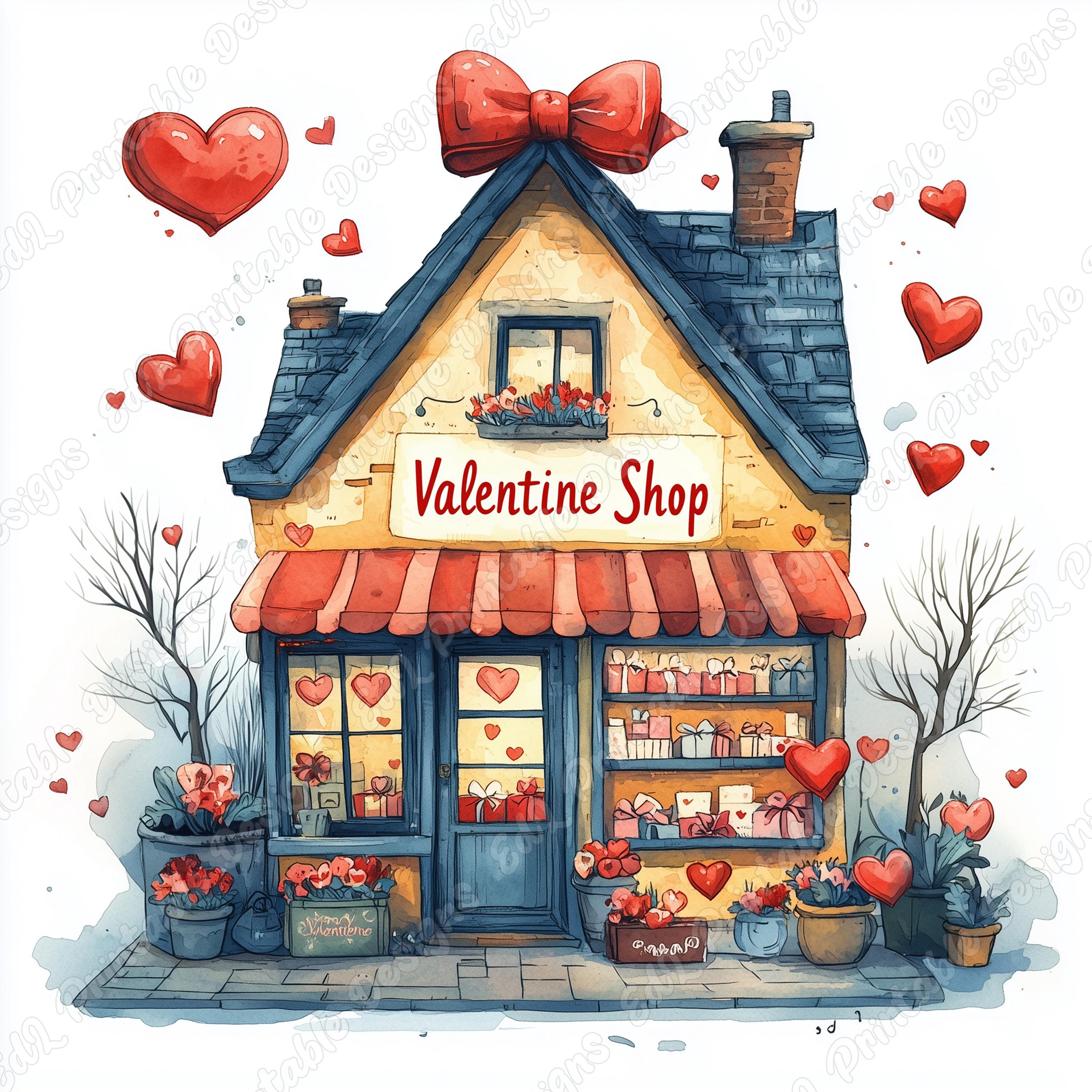 Valentine's Day Shop Clipart, Watercolor Storefront Images (JPG Digital ...