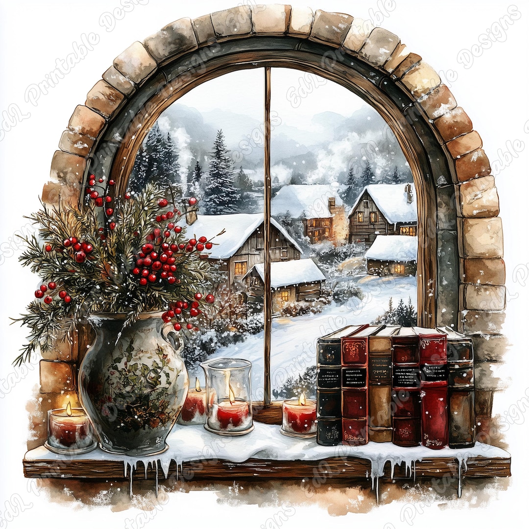 Vintage Christmas Window Clip Art, Arched Winter Scene (JPG Set) - Etsy