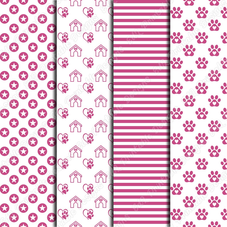 White and Pink Dog Patterns Digital Paper, Animal Prints Background ...