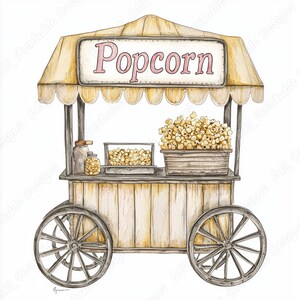 20 Popcorn Cart Clip Art, Watercolor Popcorn Stand Printable Images ...