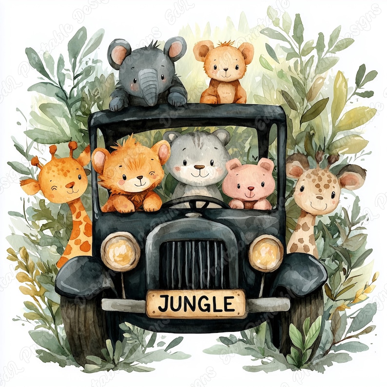 Safari Animals in Jeep Clipart, Jungle Truck Car Image, Nursery Decor ...