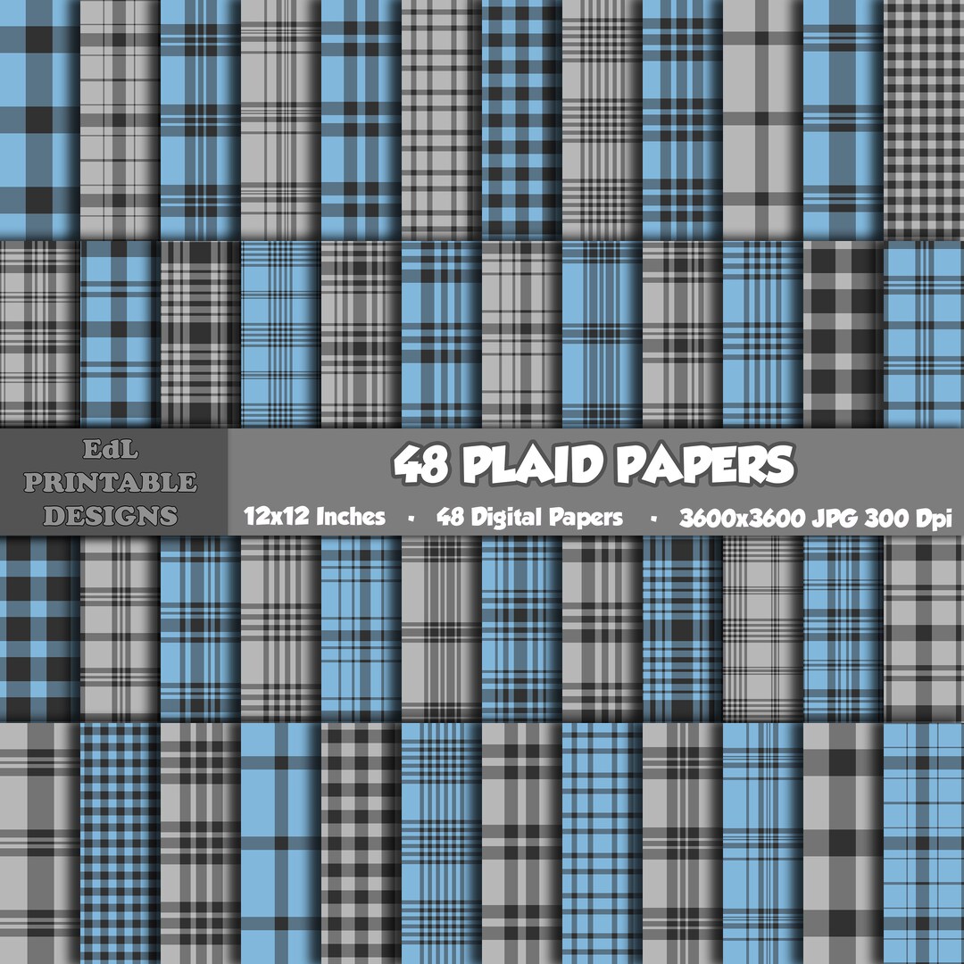 Blue Gray Plaid Digital Papers, Tartan, Gingham, Flannel Scrapbook ...