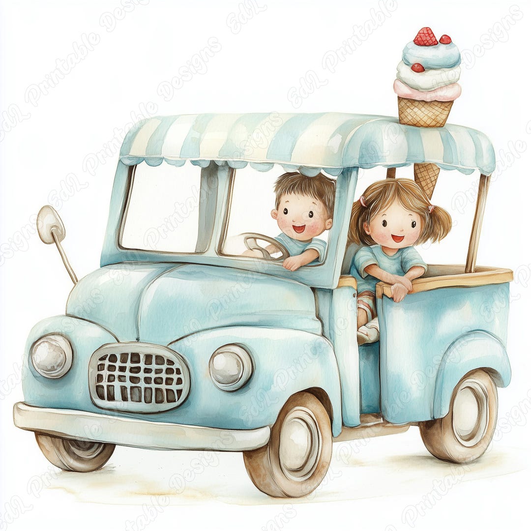 20 Cute Ice Cream Truck Clip Art, Watercolor Birthday Party Wall Art ...
