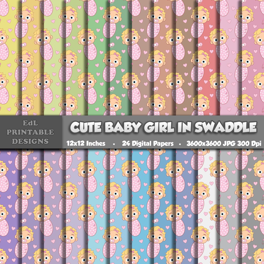 Cute Baby Girl in Swaddle Digital Papers, Baby Shower Printable ...