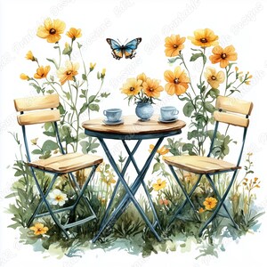 Watercolor Bistro Table and Chairs Clipart, Romantic Cafe Graphics (JPG ...