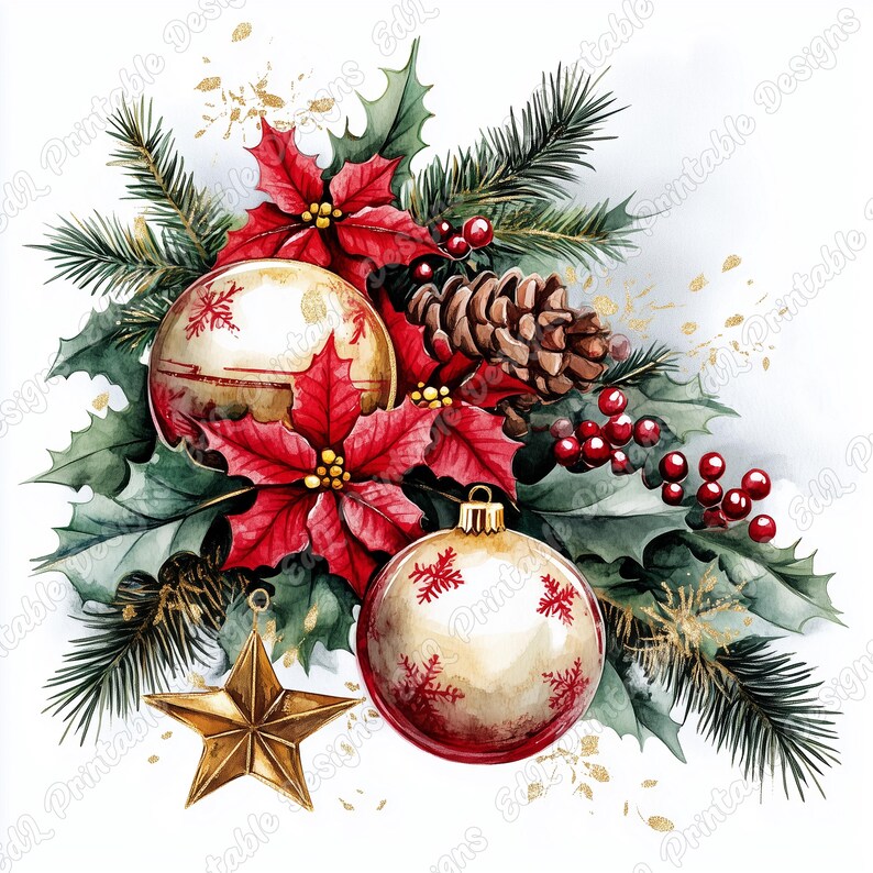 Red Gold Christmas Bauble Clip Art, Xmas Ornament Images (digital ...