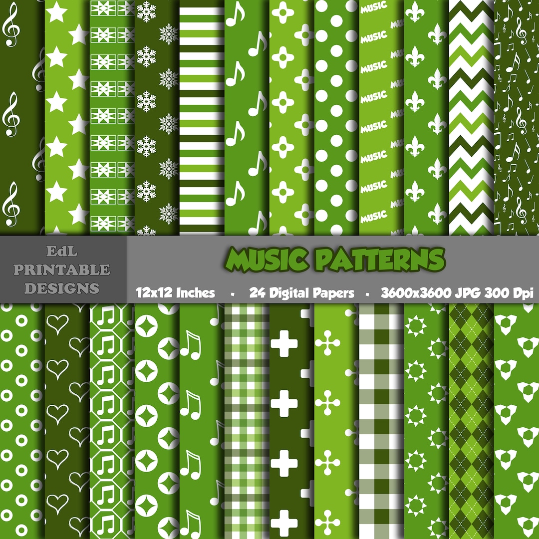Music Patterns Digital Paper, Shades of Green Printable Background ...