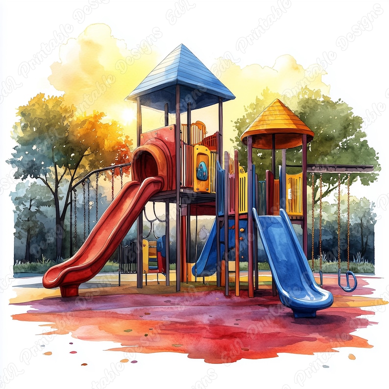 Watercolor Playground Clip Art, School Park Graphics (JPG Set, Digital ...