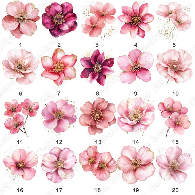 Pink Gold Glitter Flower Clip Art, Floral Graphics (digital Download ...