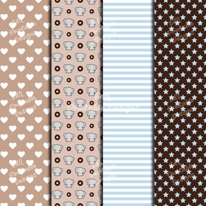 Cute Elephant Digital Paper Pack, Brown and Blue Printable Background ...
